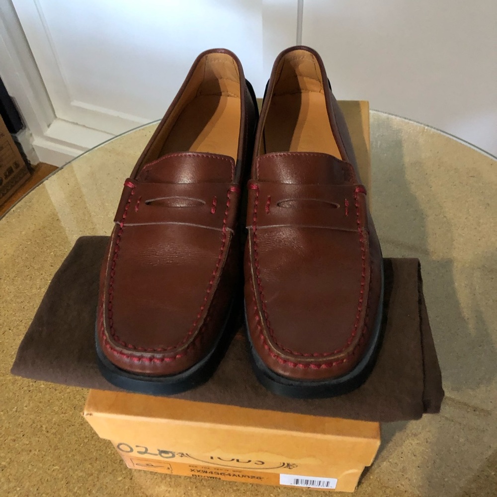 Tod’s Brown Leather Loafers With Red “Ferrari” Stitch… - Gem